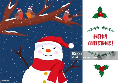 눈사람 나무 새가 있는 엽서입니다 크리스마스 이야기 새해와 겨울 평면 벡터 그림입니다 우정에 대한 스톡 벡터 아트 및 기타 이미지 Istock