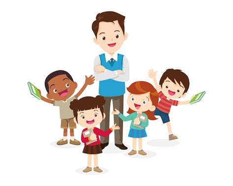 Profesor Feliz Con Niños Y Niñas Aprendiendo O Estudiando Niños Con