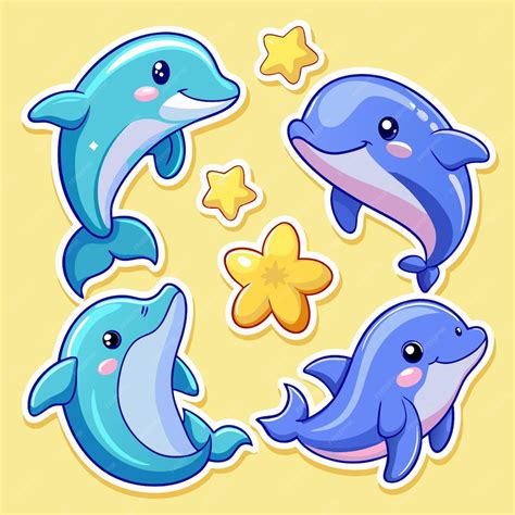 Cute Cartoon Dolphins Stickers With Stars And Flowers Premium Ai