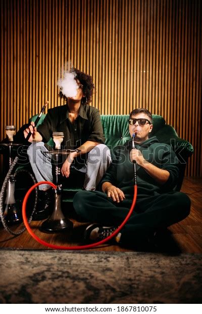 2 Hundred Beautiful Girl Smoking Hookah Nightclub Exhaling Smoke Sexy