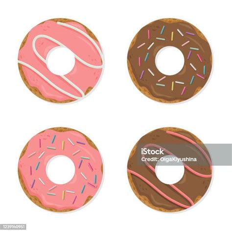 흰색 배경에 고립 된 만화 다채로운 도넛 세트 메뉴 디자인 카페 장식 배달 상자에 대한 유약으로 상단보기 도넛 컬렉션 플랫