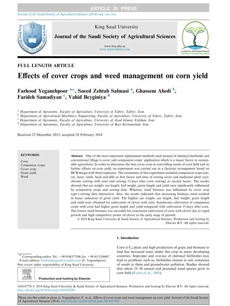 Pdf Effects Of Cover Crops And Weed Management On Corn Yield