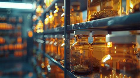 Shelf Filled With Various Liquid Filled Bottles Stock Image Image Of