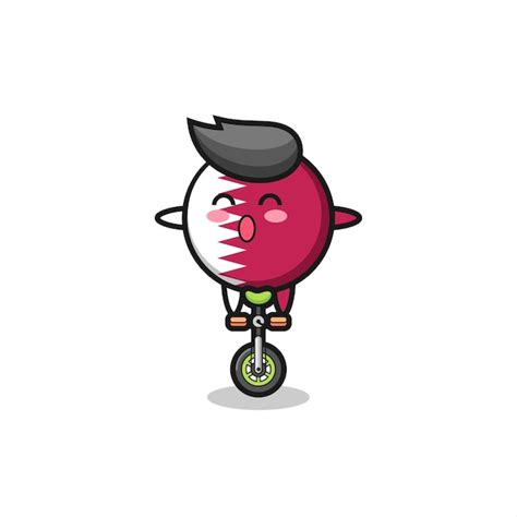 O personagem bonito do distintivo da bandeira do catar está andando de bicicleta de circo