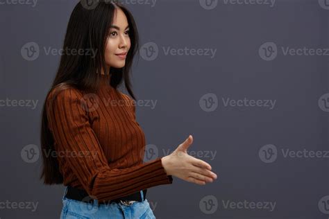 Woman Brown Sweater Glamor Posing Smile Fashion Gray Background