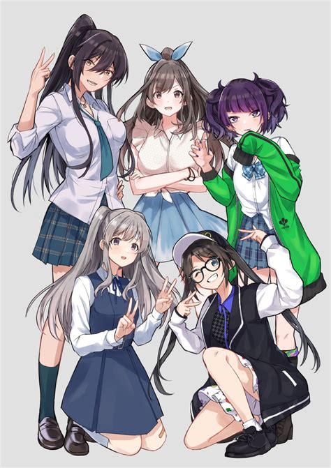 Safebooru 5girls Absurdres Bandaid Black Hair Blue Eyes Bow Bowtie