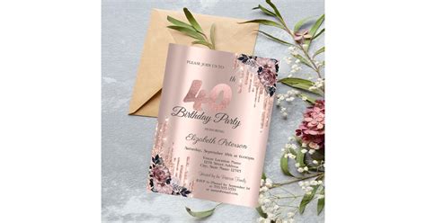 Glitter Drips Rose Gold Flowers 40th Birthday Invitation Zazzle