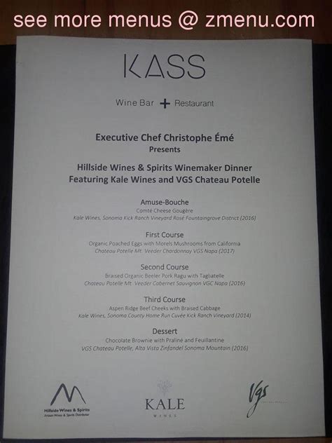 Online Menu Of Kass Wine Bar And Restaurant Restaurant Los Angeles