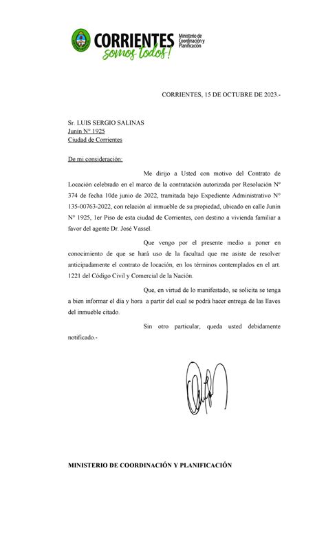 Nota Rescinde Contrato De Locacion De Vassel Corrientes 15 De
