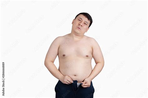 Asian Fat Man With A Big Belly Isolated On White Background Photos
