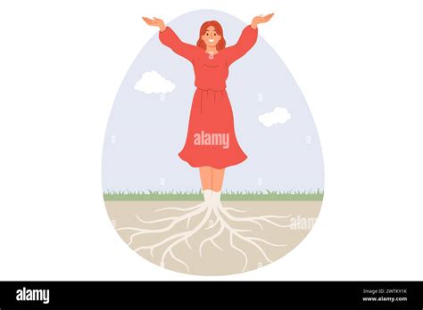 Unity Of Humanity And Nature With Happy Woman Connected With Roots Going Underground Stock