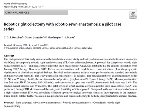 Pdf Robotic Right Colectomy With Robotic Sewn Anastomosis A Pilot