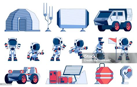 宇宙飛行士とローバーのコレクション漫画の宇宙探査機シャトル宇宙船と火星探査車無重力と宇宙の植民地化ベクター画像セット スペースシャトル