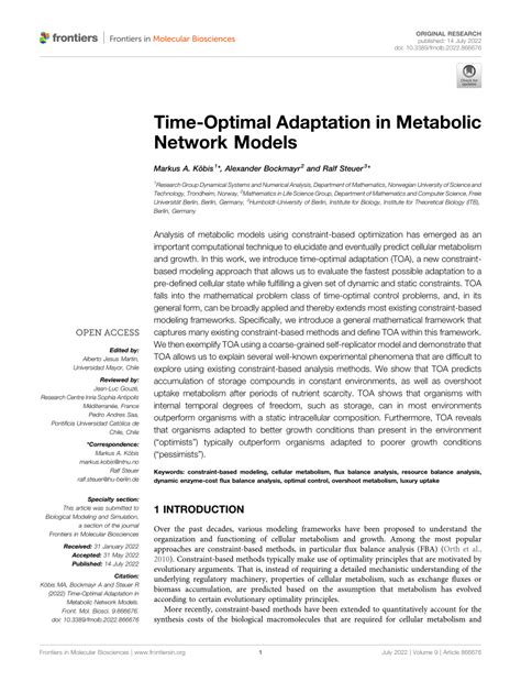 Pdf Time Optimal Adaptation In Metabolic Network Models