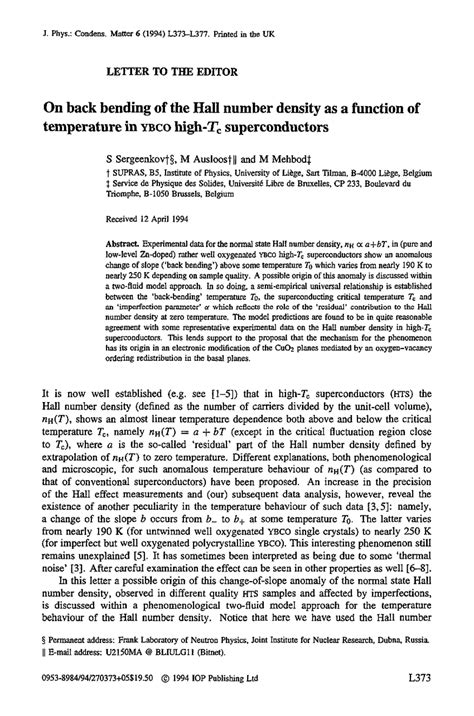Pdf On Back Bending Of The Hall Number Density In Ybco