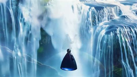 A Green Metallic Teardrop Shaped Object Descends Towards A Waterfall