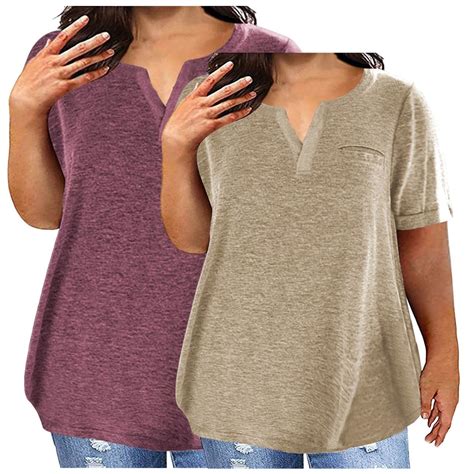Aoksee Plus Size Tops 2pc Womens Plus Size Tops V Neck T Shirts Casual