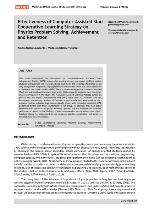 pdf effectiveness of computer assisted stad cooperative learning strategy on physics problem