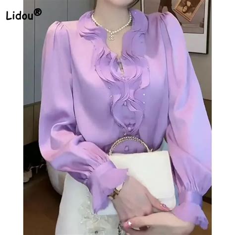Fashion Casual Ruffles Spliced V Neck Shirt For Female Elegant All