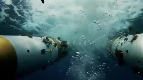 Underwater View Of Two Torpedoes Releasing Bubbles Showcasing Marine Technology In Action Stock