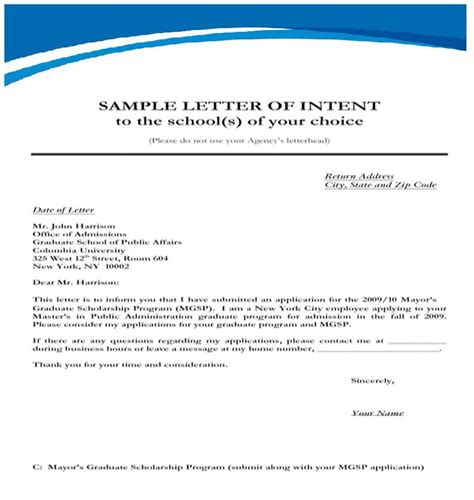 Sample Of Letter Of Intent For Scholarship Application Template