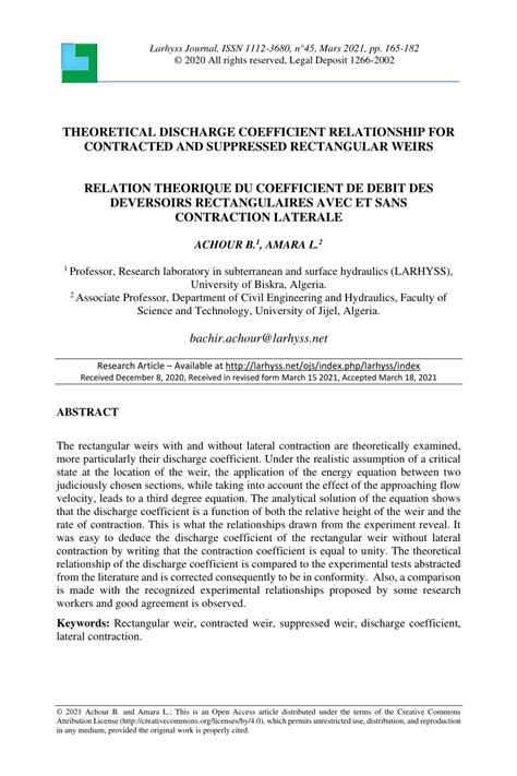 Pdf Theoretical Discharge Coefficient Relationship For Contracted And Suppressed Rectangular Weirs
