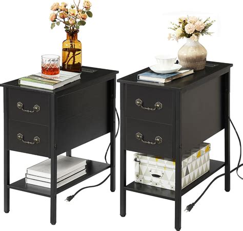 Vecelo End Tablesnarrow Nightstands With Charging Station
