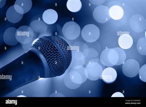 Microphone On Stage With Bokeh Lights Stock Photo Alamy