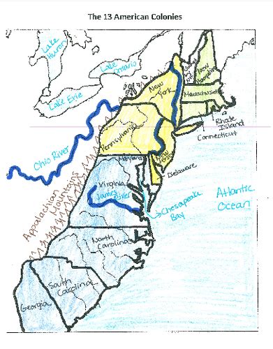 13 Colonies Map With Mountains And Rivers