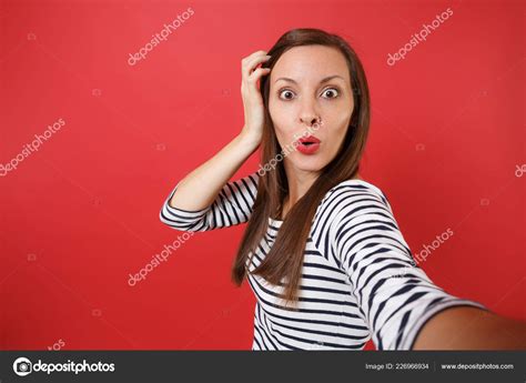 Close Selfie Shot Shocked Young Woman Striped Clothes Keeping Hand