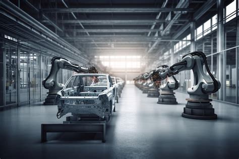 Premium Ai Image Automated Robot Arm Assembly Line Producing High Tech Electric Vehicles