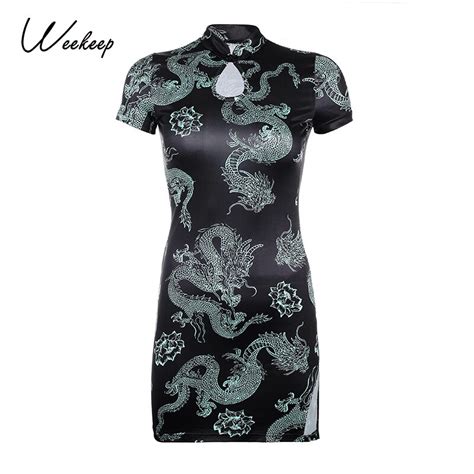 Weekeep Chinese Style Dragon Print Mini Split Dres Grandado