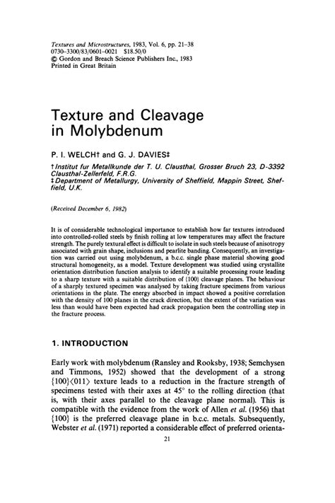 Pdf Texture And Cleavage In Molybdenum