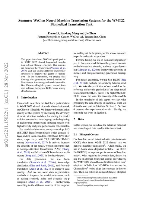 Pdf Summer Wechat Neural Machine Translation Systems For The Wmt22 Biomedical Translation Task