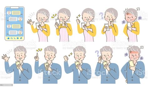 스마트 폰을 조작하는 노인 여성과 남성의 얼굴 표정 세트 50 59세에 대한 스톡 벡터 아트 및 기타 이미지 50 59세