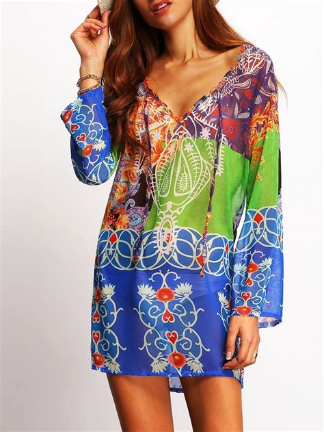 Colour V Neck Floral Loose Chiffon Dress Sheinsheinside