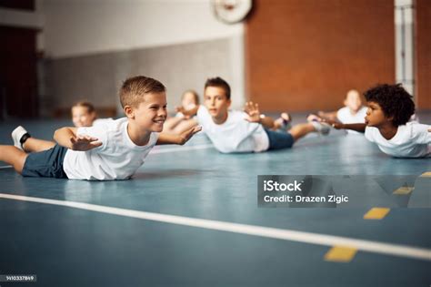 행복한 소년과 그의 급우들은 학교 체육관에서 체육 수업 중에 운동을합니다 아이에 대한 스톡 사진 및 기타 이미지 아이 학교 체육관 체육 Istock
