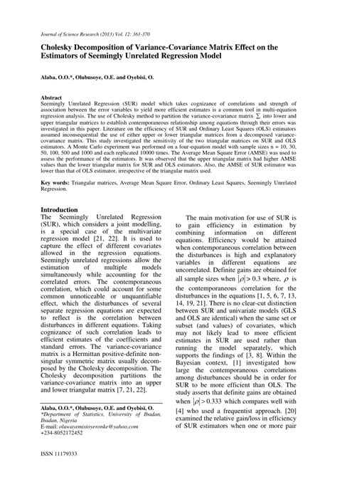 Pdf Cholesky Decomposition Of Variance Covariance Matrix Effect On The Estimators Of Seemingly