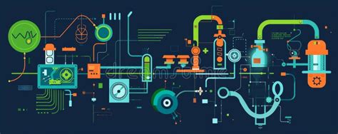 Colorful Illustration Of Industrial Automation And Control Systems With Machinery And Circuit