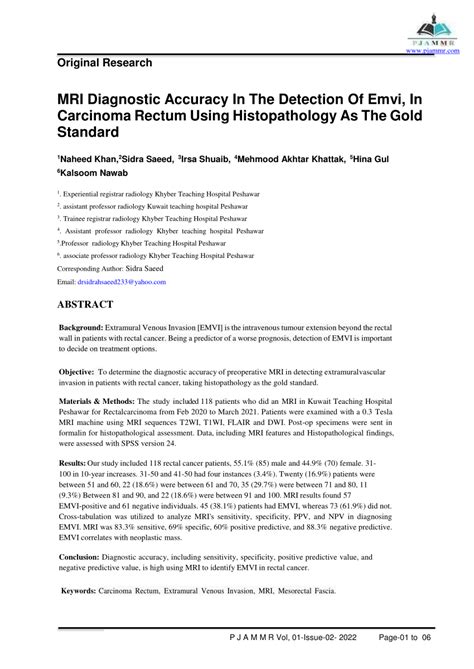 Pdf Mri Diagnostic Accuracy In The Detection Of Emvi In Carcinoma