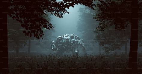 빛의 광선으로 나무가 우거진 공터에 서 있는 빛나는 렌즈를 가진 미래 지향적인 Ai 전투 드로이드 사이보그 기계 3d 그림 3d 렌더링 사진 Unsplash의 안개 이미지