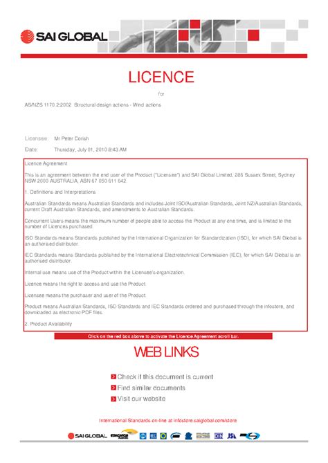 AS1170 LICENCE For 1170 2002 Structural Design Actions Wind Actions Licensee Mr Peter Corish