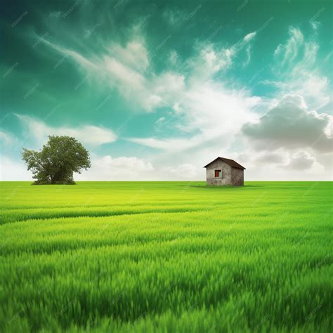 Premium Photo A Green Field With A Small House Background