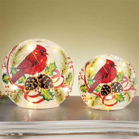 Festive Holiday Cardinal Crackle Glass Lighted Ball Collections Etc