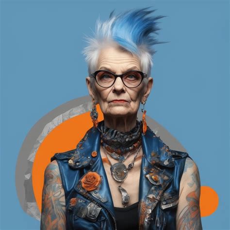 Premium Photo An Old Punk Woman With A Stylish Hairstyle On A Bright
