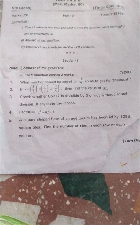 Max Marks 80 Viii Class Time 245 Hrs Marks 70 Part A Time 2