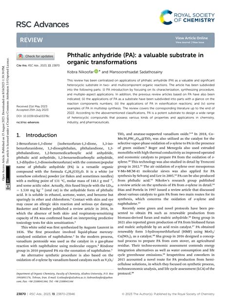 Pdf Phthalic Anhydride Pa A Valuable Substrate In Organic
