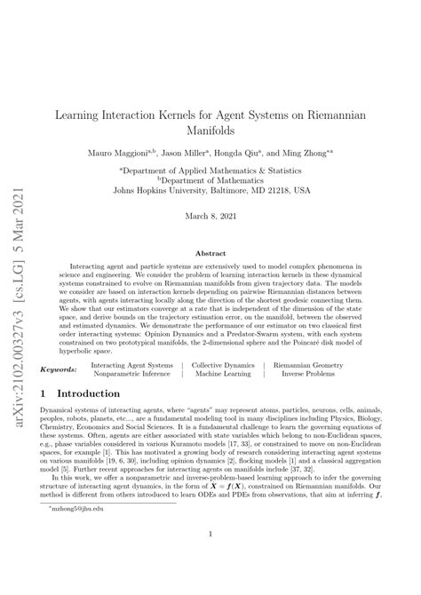 Pdf Learning Interaction Kernels For Agent Systems On Riemannian Manifolds