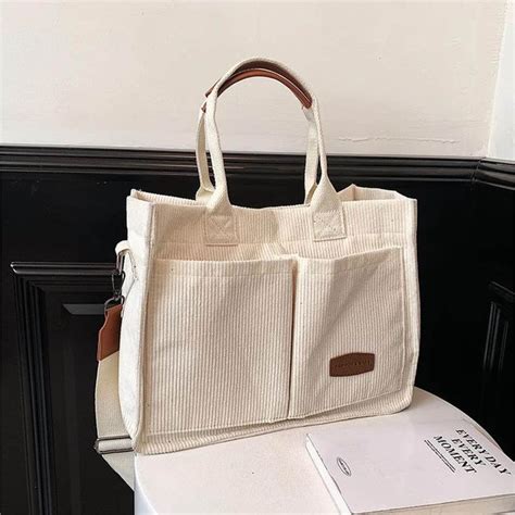 Multi Pocket Tote Canvas Bagmessenger Bagtote Bag Etsy Tote Bag