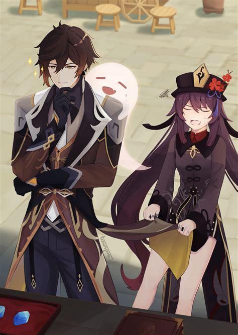 Hu Tao Zhongli And Boo Tao Genshin Impact Drawn By Tzunpie Danbooru
